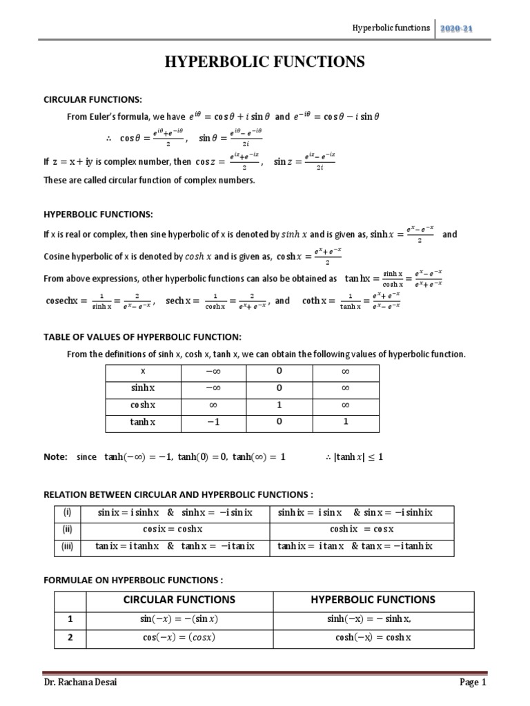 4 Hyperbolic And Circular Functions Pdf Trigonometric Functions Mathematical Analysis