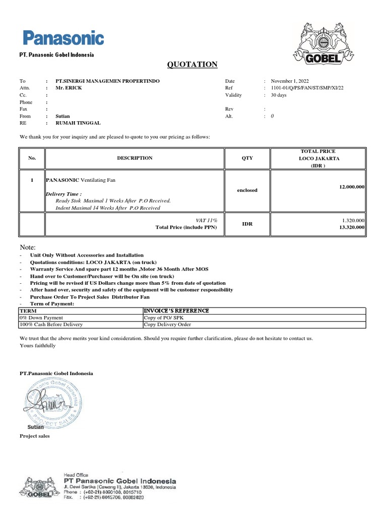 Quotation of Panasonic FAN - Rumah Tinggal | PDF