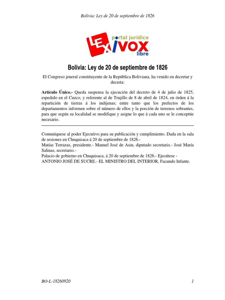 Bolivia: Ley de 20 de Septiembre de 1826 | PDF | Bolivia | Gobierno