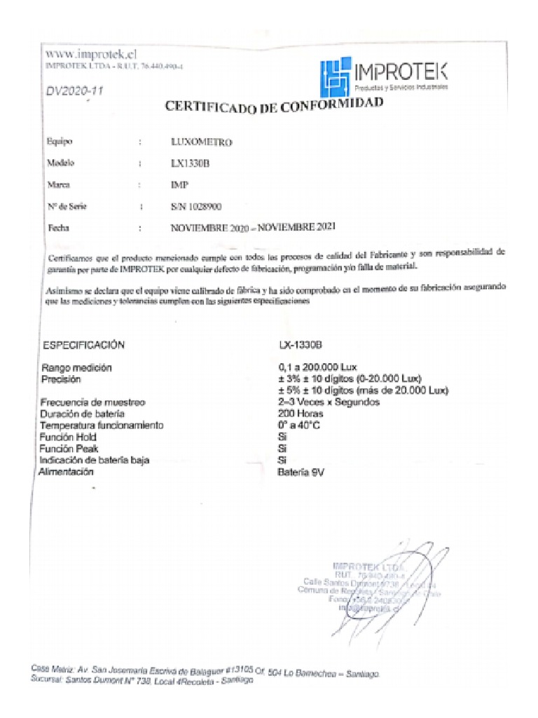 Certificación Luxometro - LUX METER LX1330B | PDF