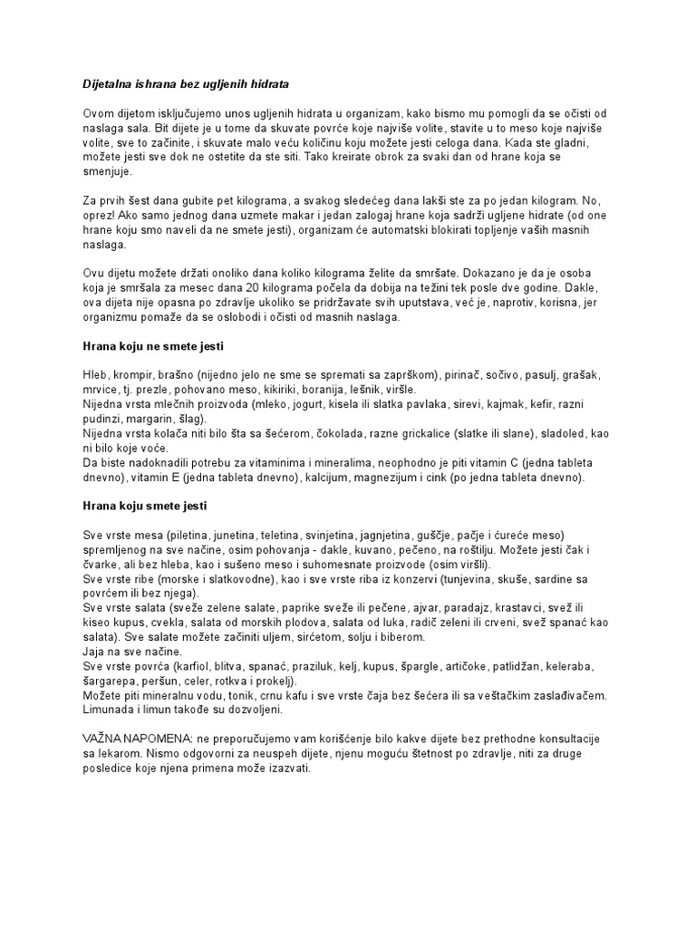 Dijetalna Ishrana Bez Ugljenih Hidrata | PDF