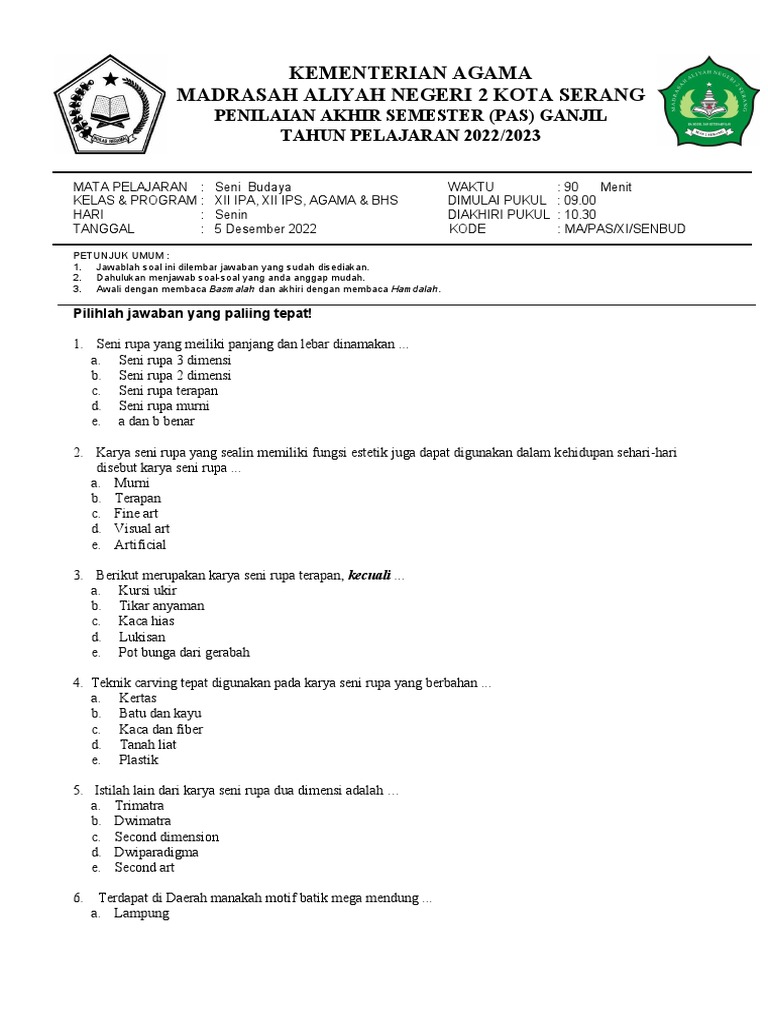 SOAL SENBUD PAS GANJIL 2022-2023 Bu Neng | PDF | Seni