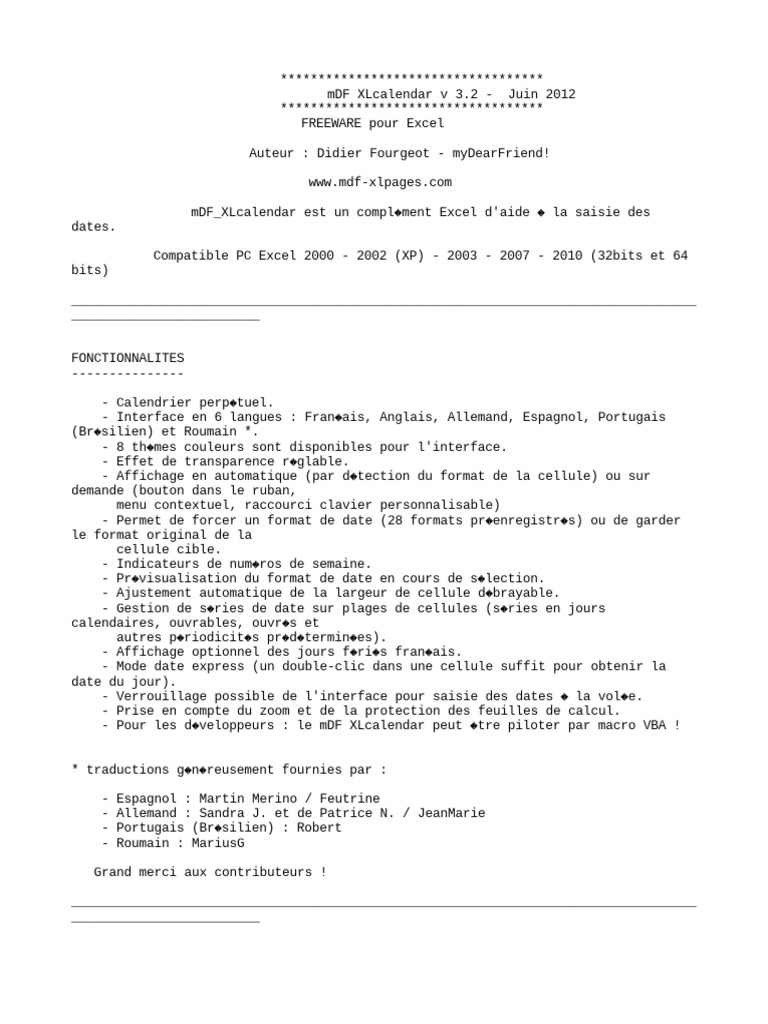 Complément Excel mDF XLcalendar 3.2 | PDF | Microsoft Excel | Génie ...