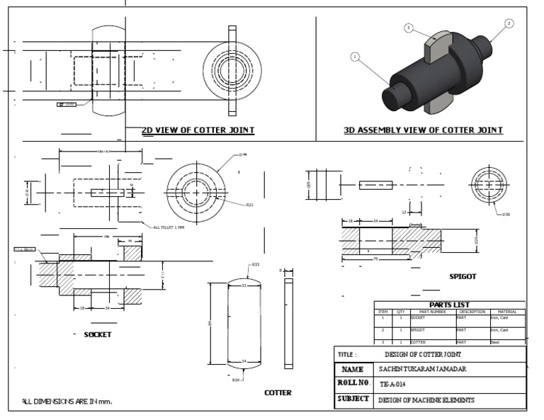 Design Of A Cotter Joint 2D And 3D Views With Dimensions And Parts