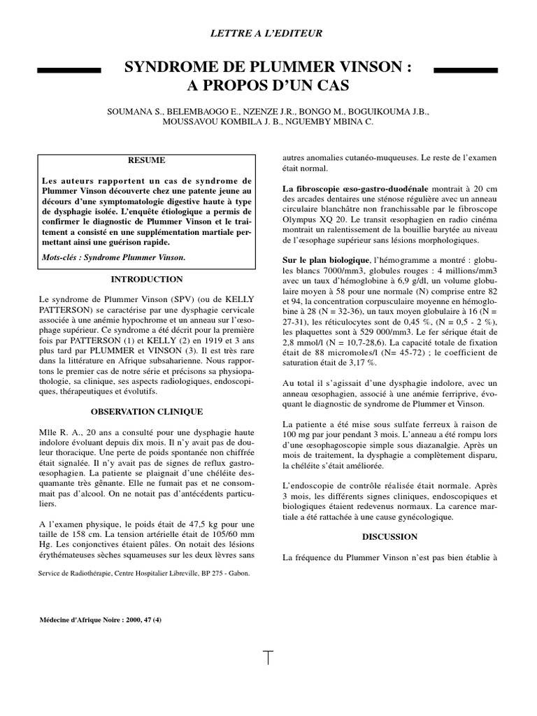 Syndrome de Plummer Vinson : Cas clinique | PDF | Médecine clinique ...