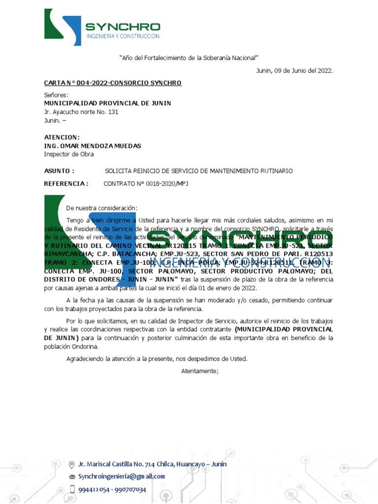 Cartas Junin Consorcio Synchro | PDF | América del Sur