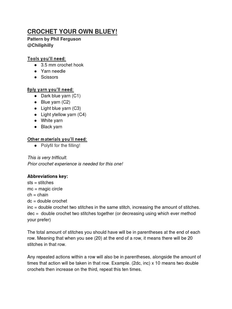 Bluey Crochet Pattern CHILIPHILLY | PDF | Crochet | Sewing