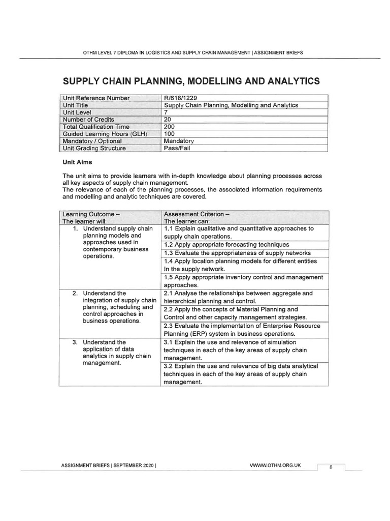 Supply Chain Planning Modelling and Analytics Assessment Brief | PDF