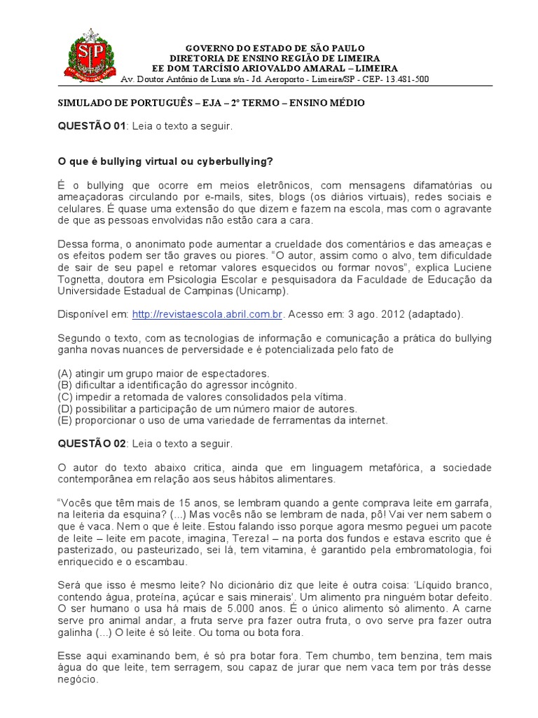 Simulado Eja 2termo Ensino Médio | PDF | Aristóteles | Leite