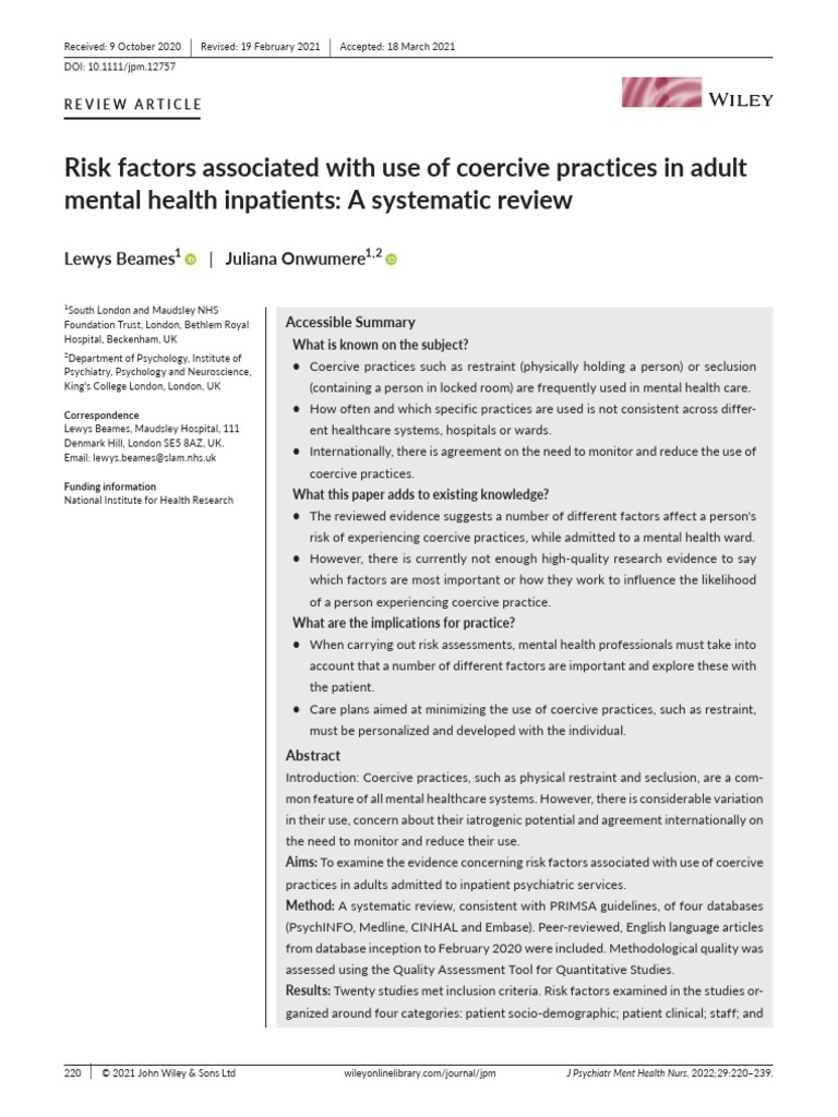Risk Factors Associated With Use of Coercive Practices in Adult Mental ...
