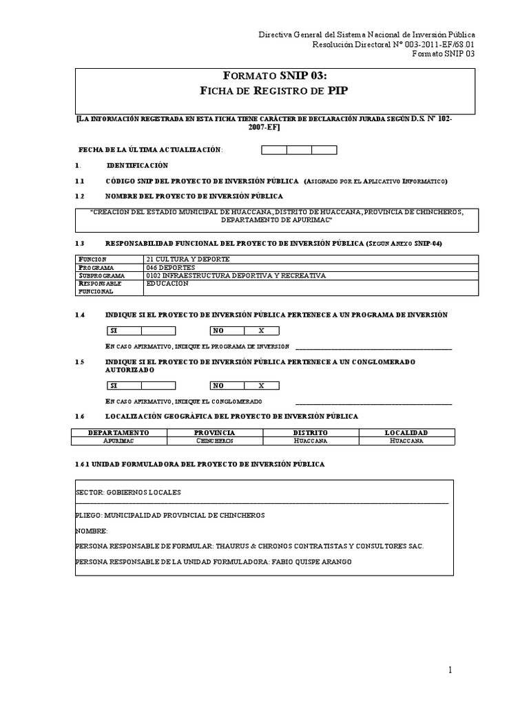 Formato SNIP03 | PDF | Infraestructura | Economias