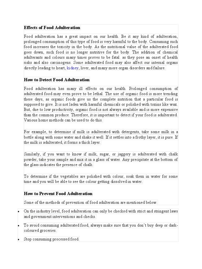 Effects of Food Adulteration | PDF | Foods | Organic Foods