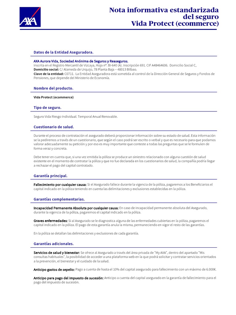 Nota Informativa Vida Riesgo AXA | PDF | Póliza de seguros | Seguro