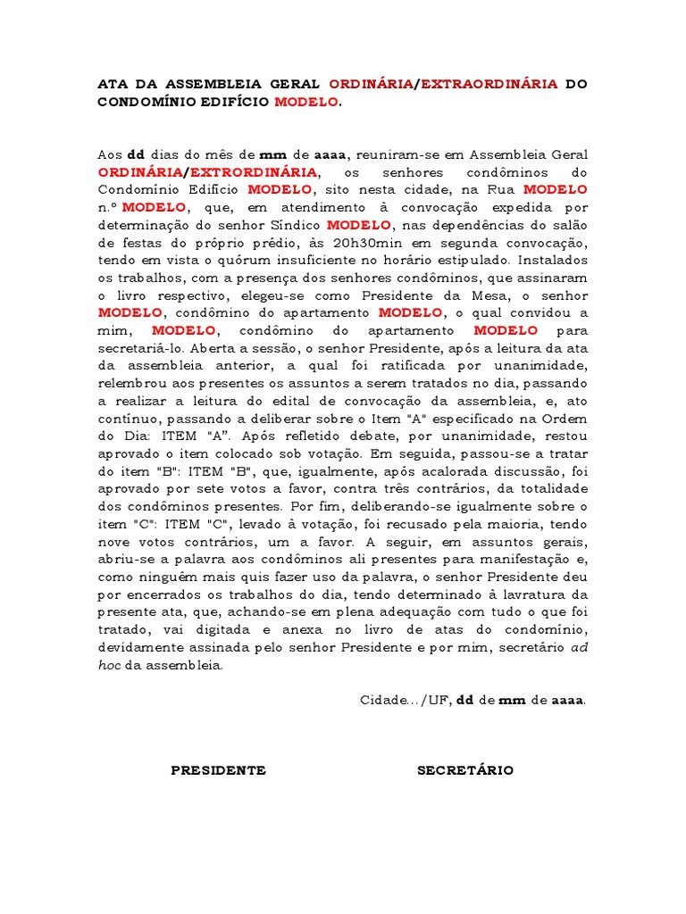 Modelo: Ata Da Assembleia Geral / DO Condomínio Edifício | PDF