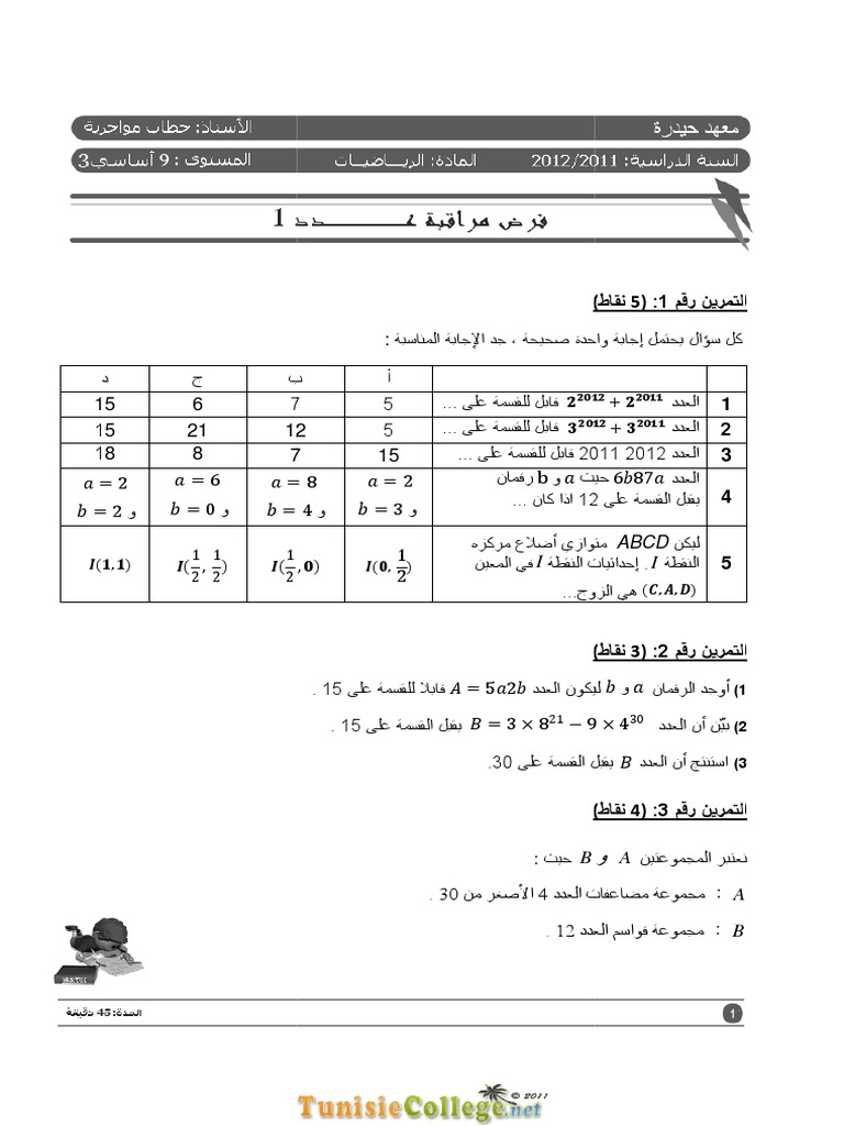 Devoir de Contrôle N°1 - Math - 9ème (2011-2012) MR Mouajria Hattab | PDF