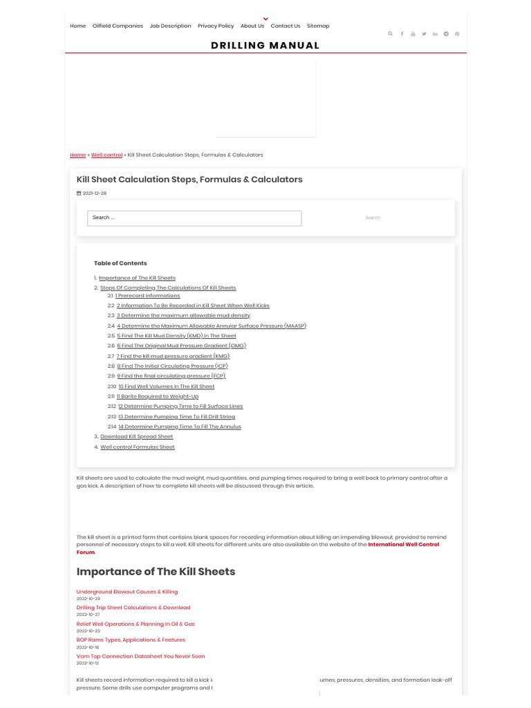 Kill Sheet Calculation Steps, Formulas & Calculators - Drilling Manual | PDF | Pressure ...