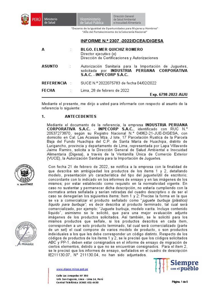 Inf. Exp. 6798-2022-AIJU Inf. 2307-2022-DCA-DIGESA INDUSTRIA PERUANA ...