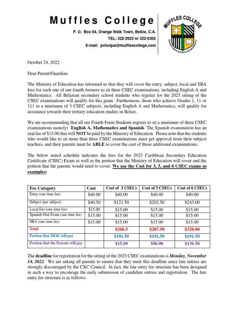 CSEC Exam Fees and Registration Info | PDF | Belize | Educational Stages