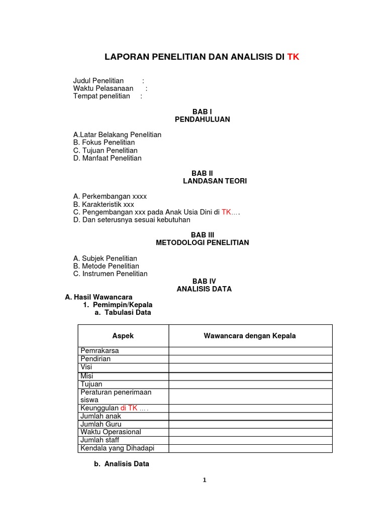 Sistematikan Laporan Analisis Di TK, KB & TPA | PDF