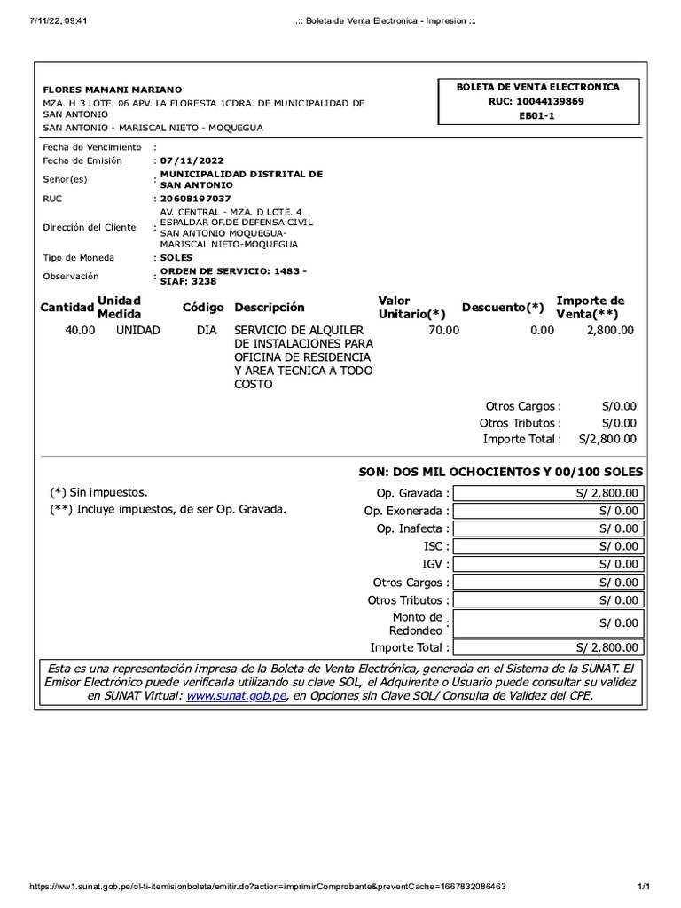 BOLETA DE VENTA ALQUILER DE OFICINA | PDF