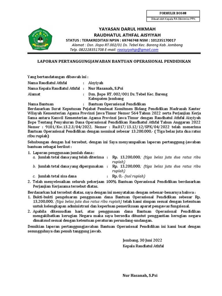 BOP - Formulir BOS-08 Laporan Pertanggungjawaban Bantuan Operasional ...