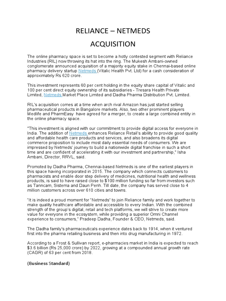 Reliance Netmeds | PDF | Retail | Economies