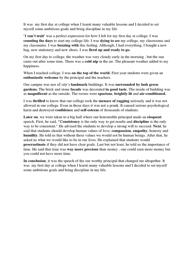 My First Day at College Essay 1 | PDF
