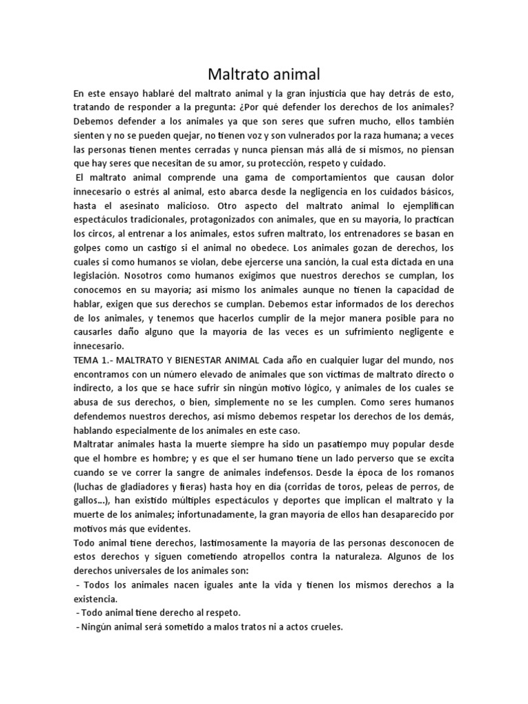 Ensayo Maltrato Animal | PDF | Abuso infantil | Bienestar de los animales