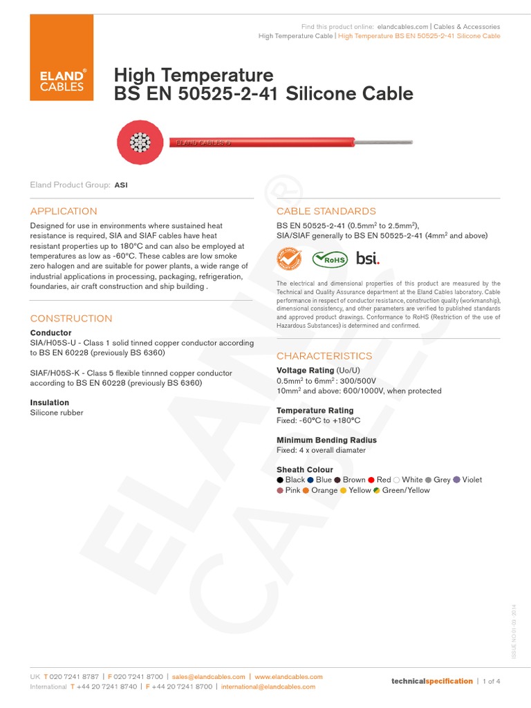 High Temperature Bs en 50525 2 41 Silicone Cable - 1 | PDF | Electrical Conductor | Wire