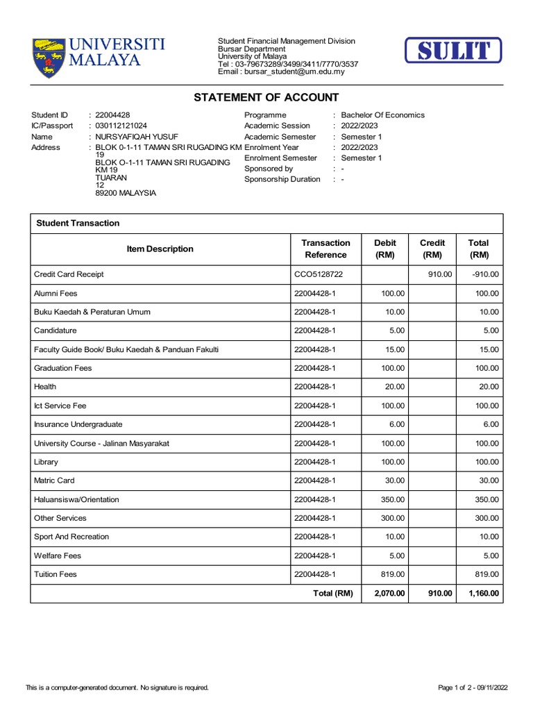 Statement of Account: Student Transaction Transaction Reference Debit ...