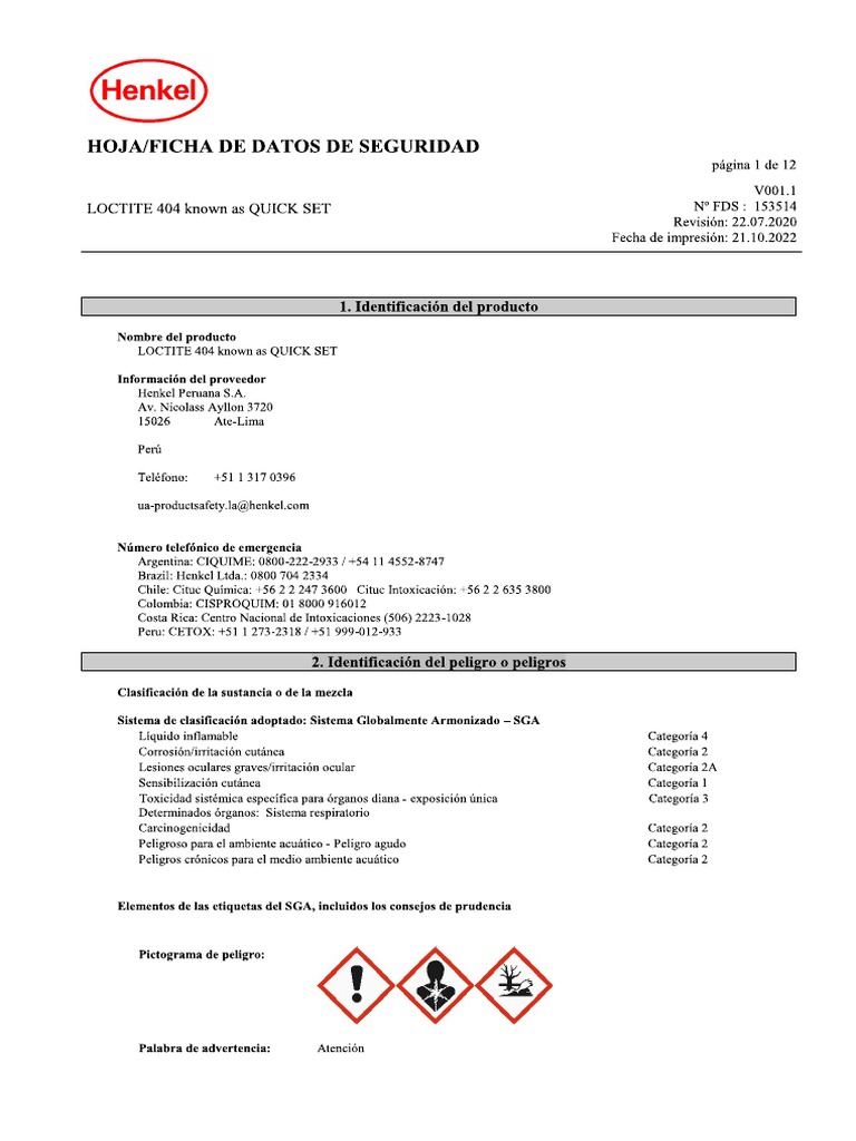 HDSM - Hoja de Seguridad Loctite 404 o Ring Kit | PDF