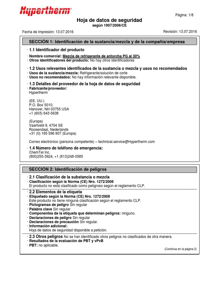 Hypertherm 30PG Torch Coolant Additive MSDS P N 028872 | PDF | Agua ...