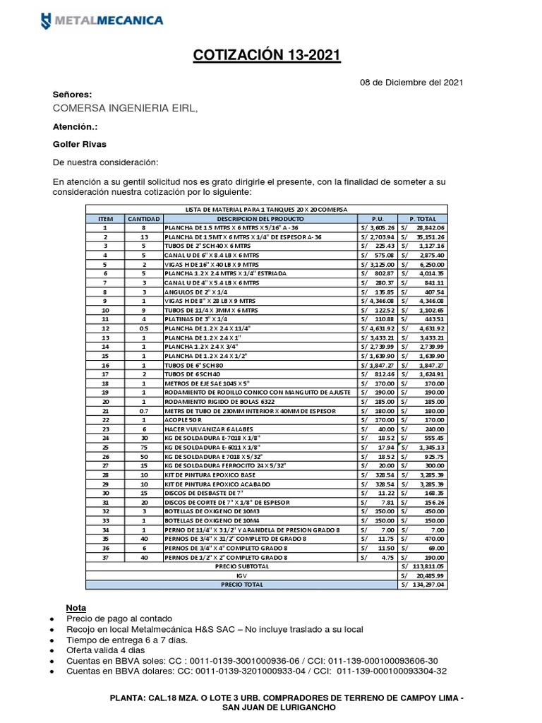 Cotizacion Comersa Ingenieria Eirl Pdf