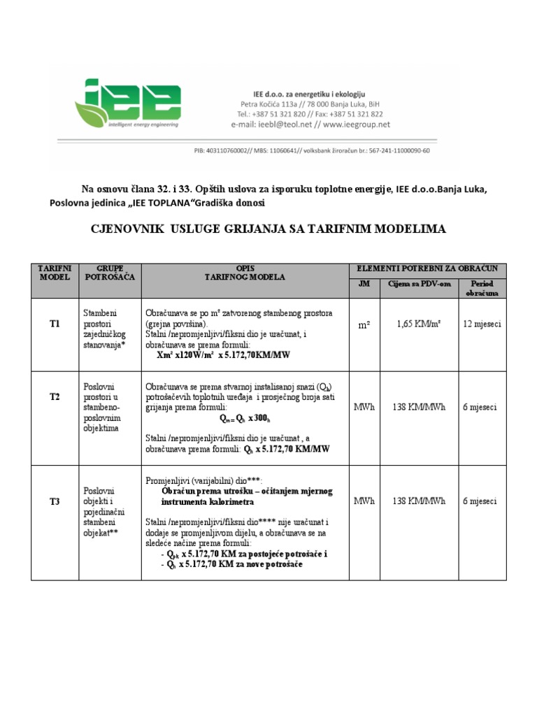 Cjenovnik Usluge Grijanja Sa Tarifnim Modelom | PDF