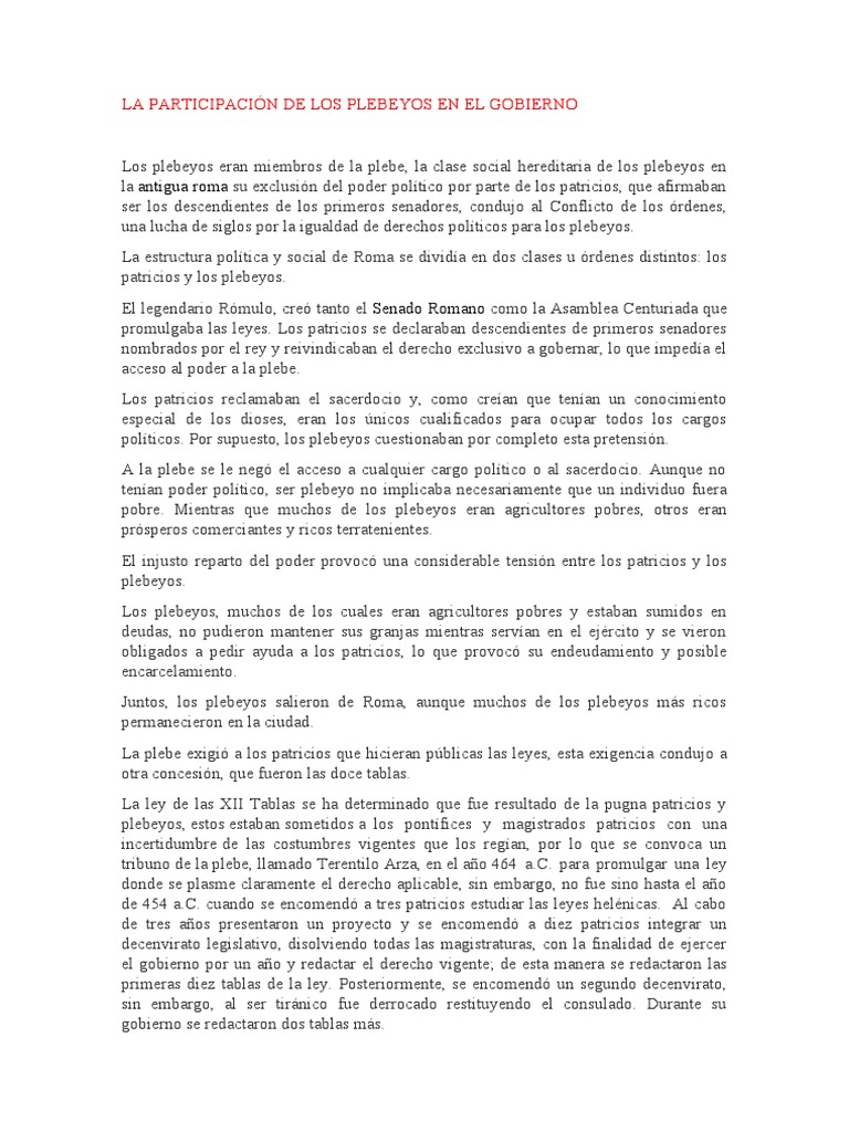 Plebeyos en la Antigua Roma: Historia y Derechos | PDF | Roma antigua ...