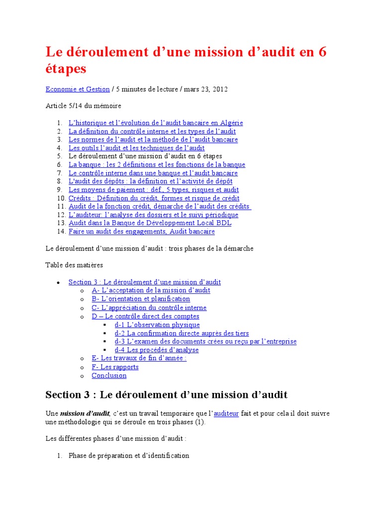 Le Déroulement D'une Mission D'audit en 6 Étapes À Synthétiser | PDF | Audit | Contrôle interne