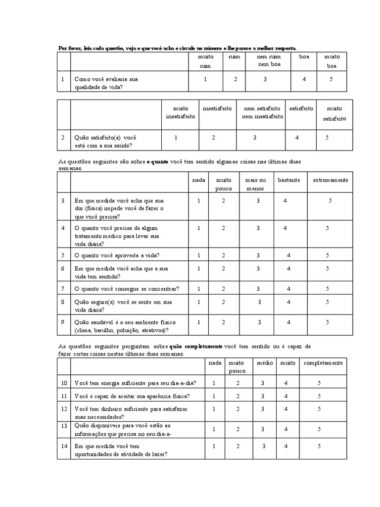 Qualidade+de+Vida+WHOQOL Bref | PDF | Vida
