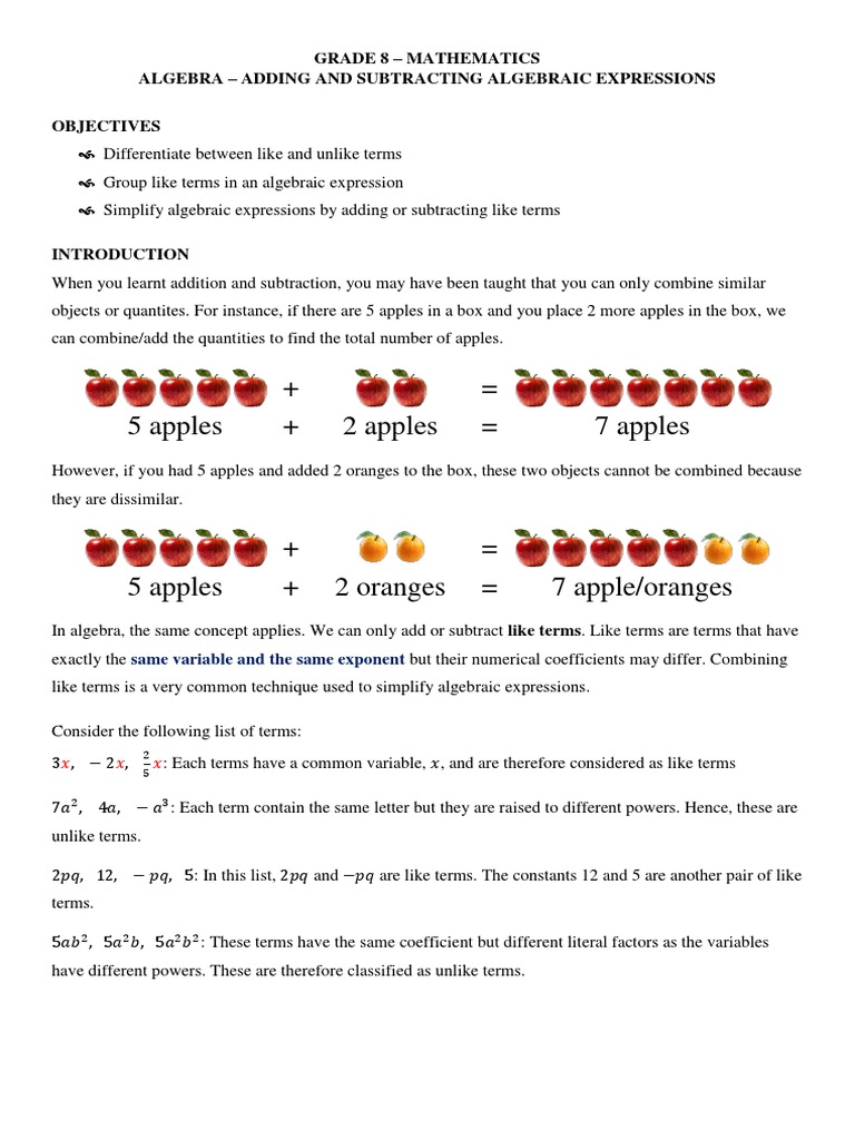 Adding and Subtracting Algebraic Terms | PDF | Variable (Mathematics ...