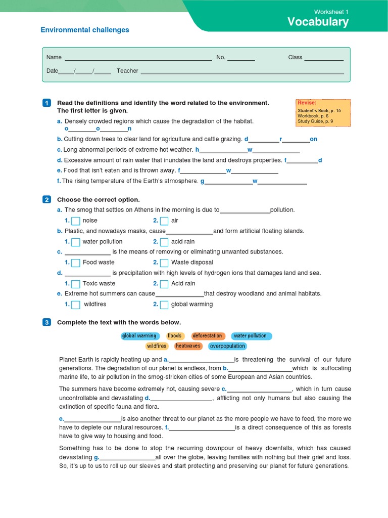 Environmental Challenges Worksheet | PDF | Pollution | Environmental ...