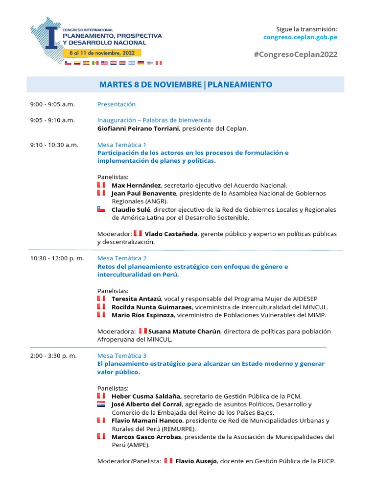 Programa I Congreso Internacional de Planeamiento 2022 CEPLAN | PDF | Perú | Gobernancia