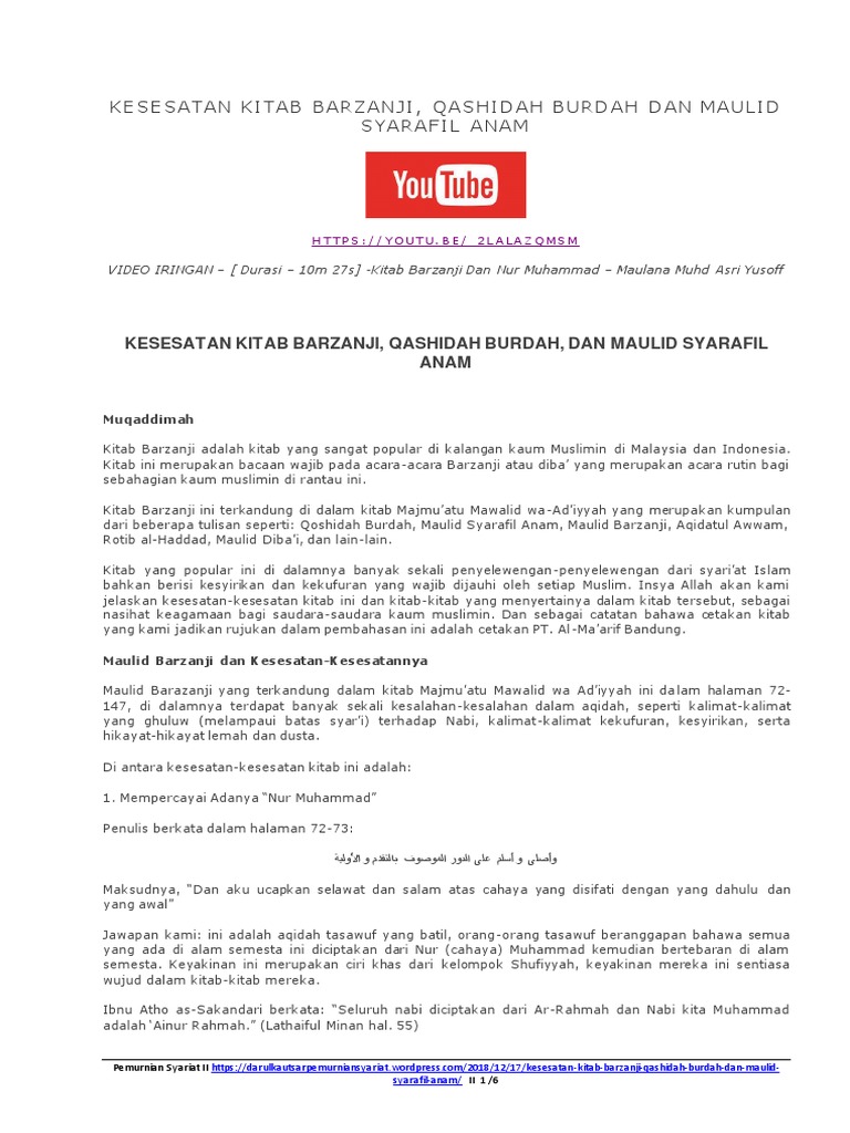Kesesatan Kitab Barzanji Qashidah Burdah Dan Maulid Syarafil Anam | PDF