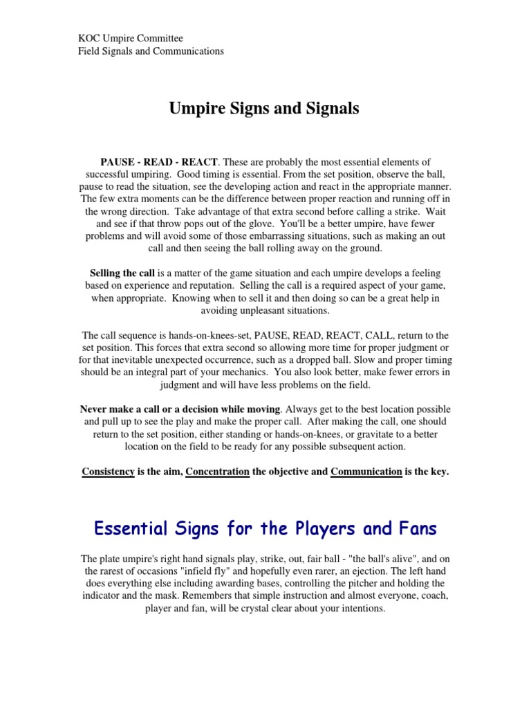 Umpire Signals and Communicating With Your Partner | PDF | Baseball ...