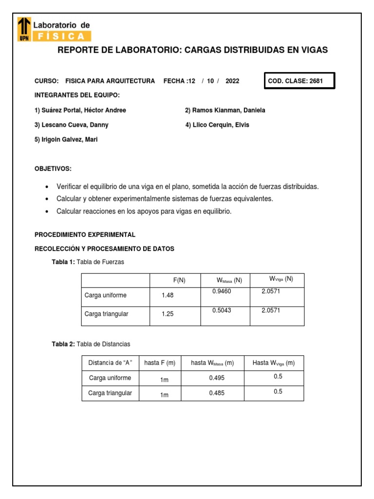 Reporte Lab Fisarq S09 CDV | PDF | Fuerza | Viga (Estructura)