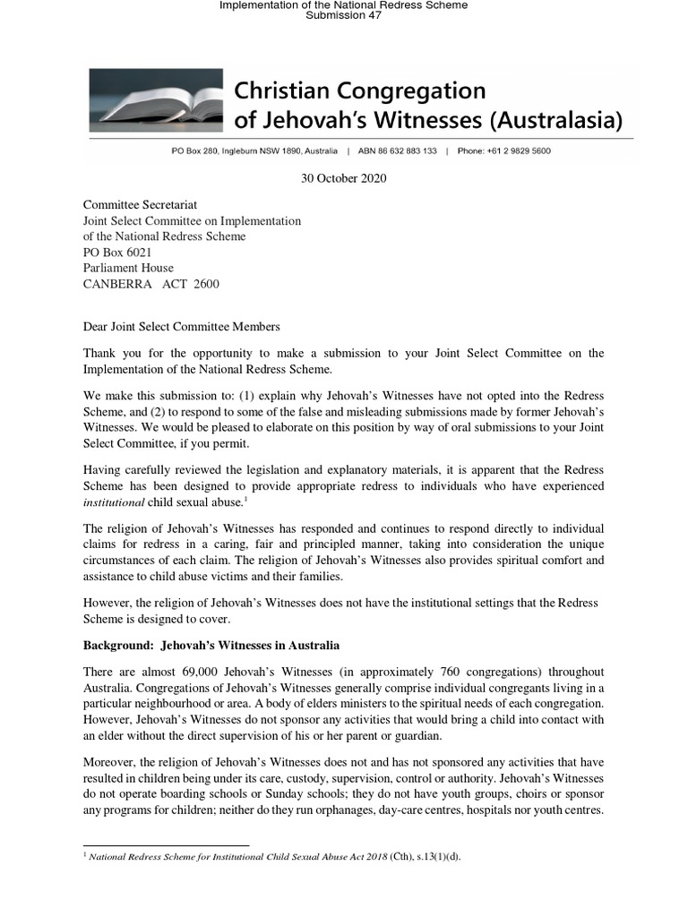 Implementation of National Redress Scheme: Jehovah's Witnesses ...