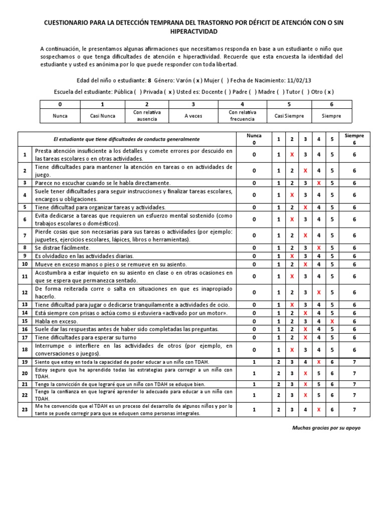 Cuestionario Tdah | PDF | Desorden hiperactivo y deficit de atencion