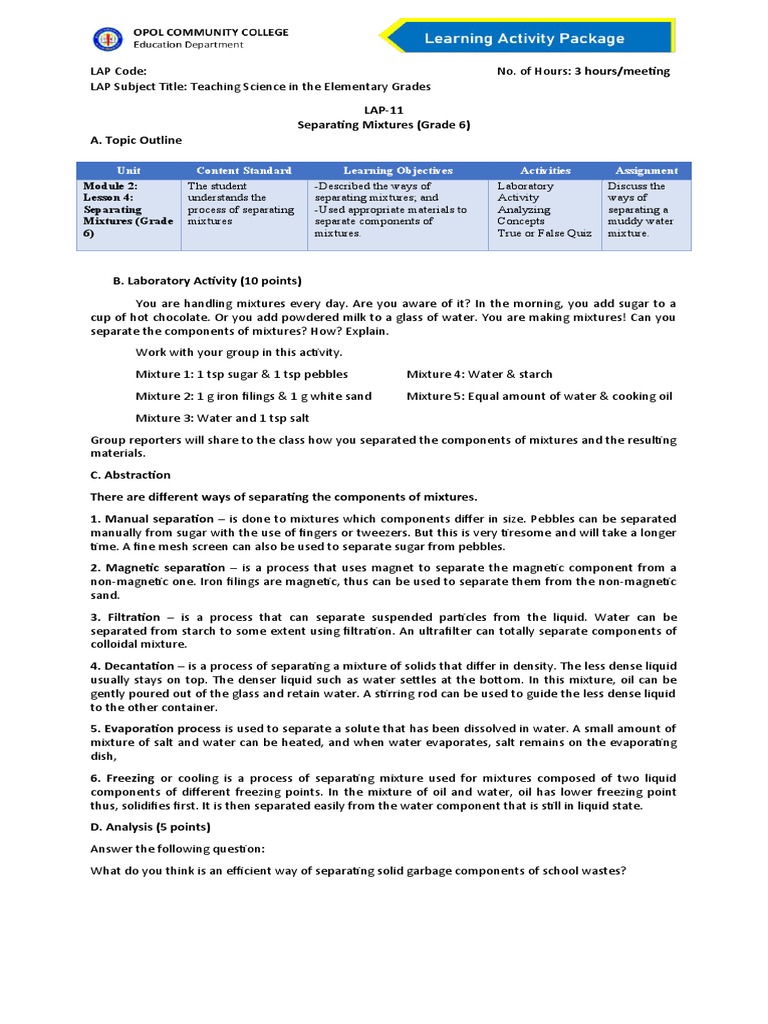 LAP 11 Separating Mixtures GR 6 | PDF | Filtration | Mixture