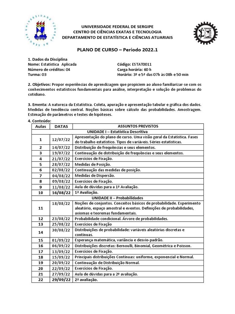 Plano de Aulas - Estatistica - Aplicada - 03 | PDF | Distribuição de ...
