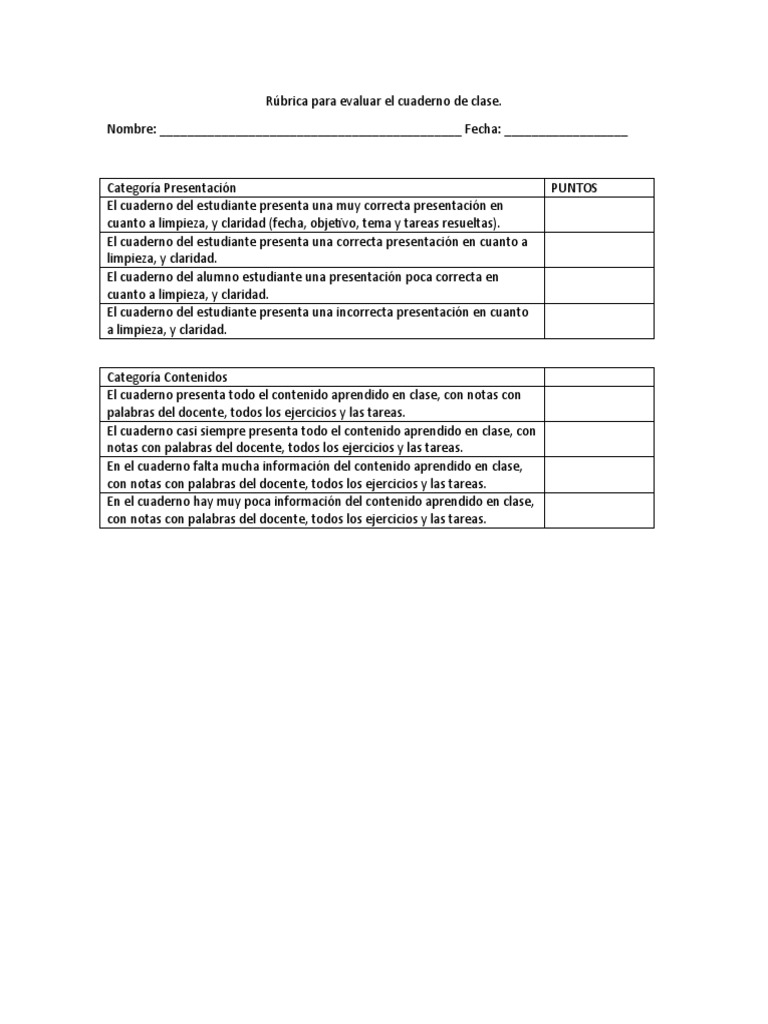 Rúbrica para Evaluar El Cuaderno de Clase | PDF