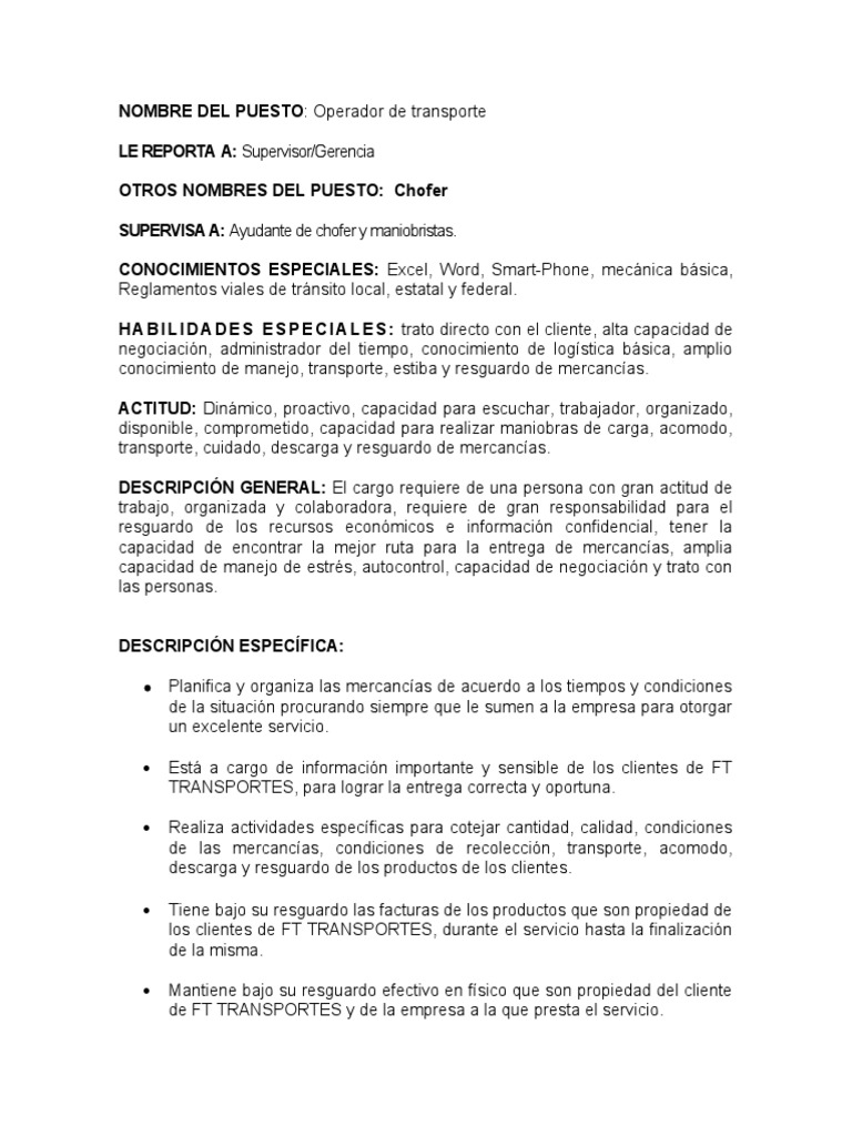 Descripción de Puesto CHOFER | PDF | Transporte | Economias