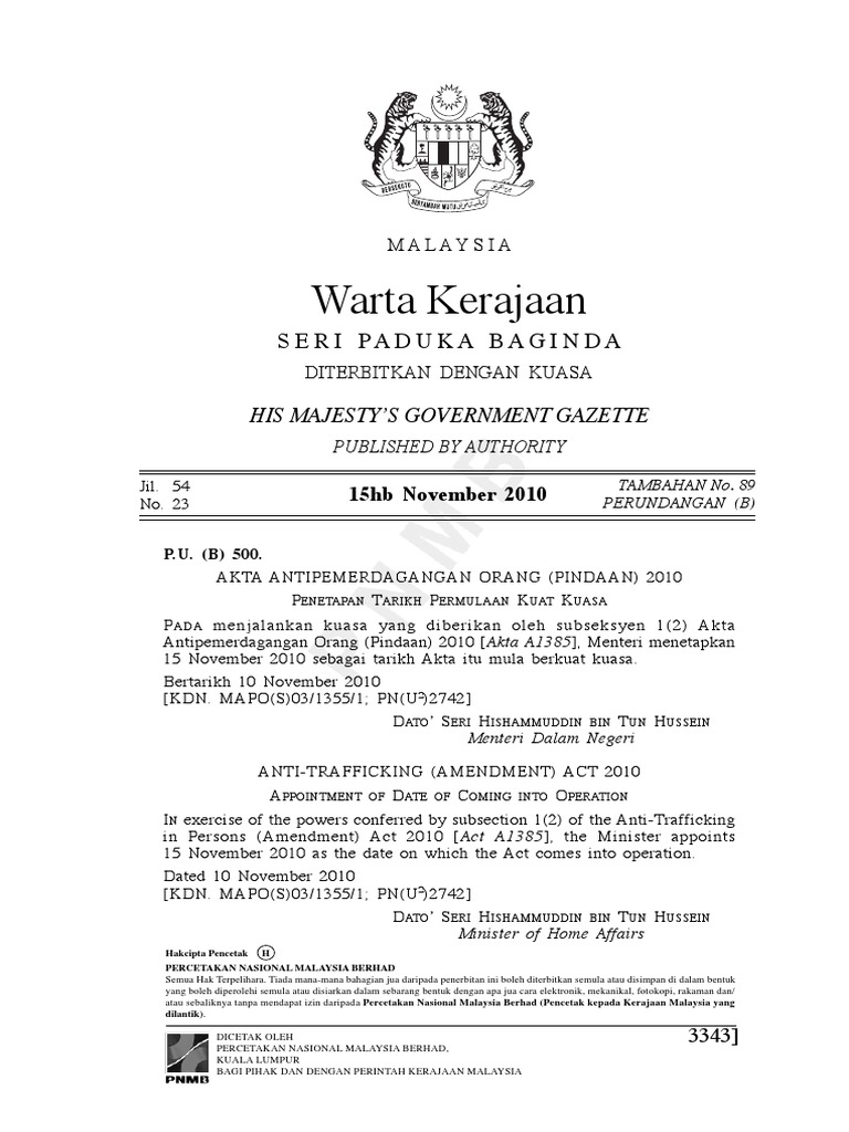 Akta Anti Pemerdagangan Orang Dan Anti Penyeludupan Migran 2007 (Akta 670) | PDF